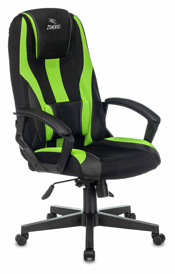Кресло игровое ZOMBIE 9, на колесиках, текстиль/эко.кожа, черный/салатовый [zombie 9 green