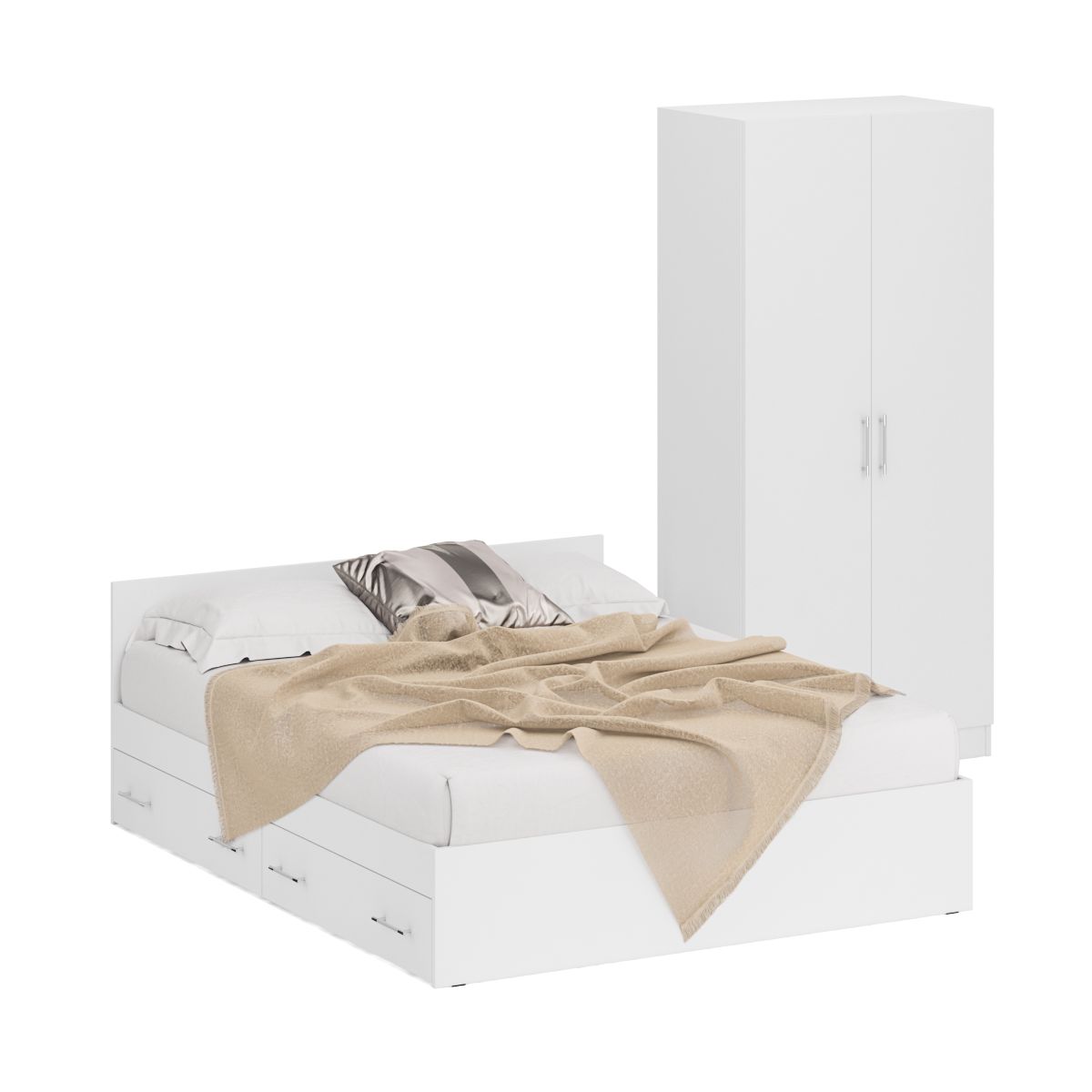 Двуспальная кровать с ящиками со шкафом для одежды СВК Стандарт 1600Я+Ш2 белый