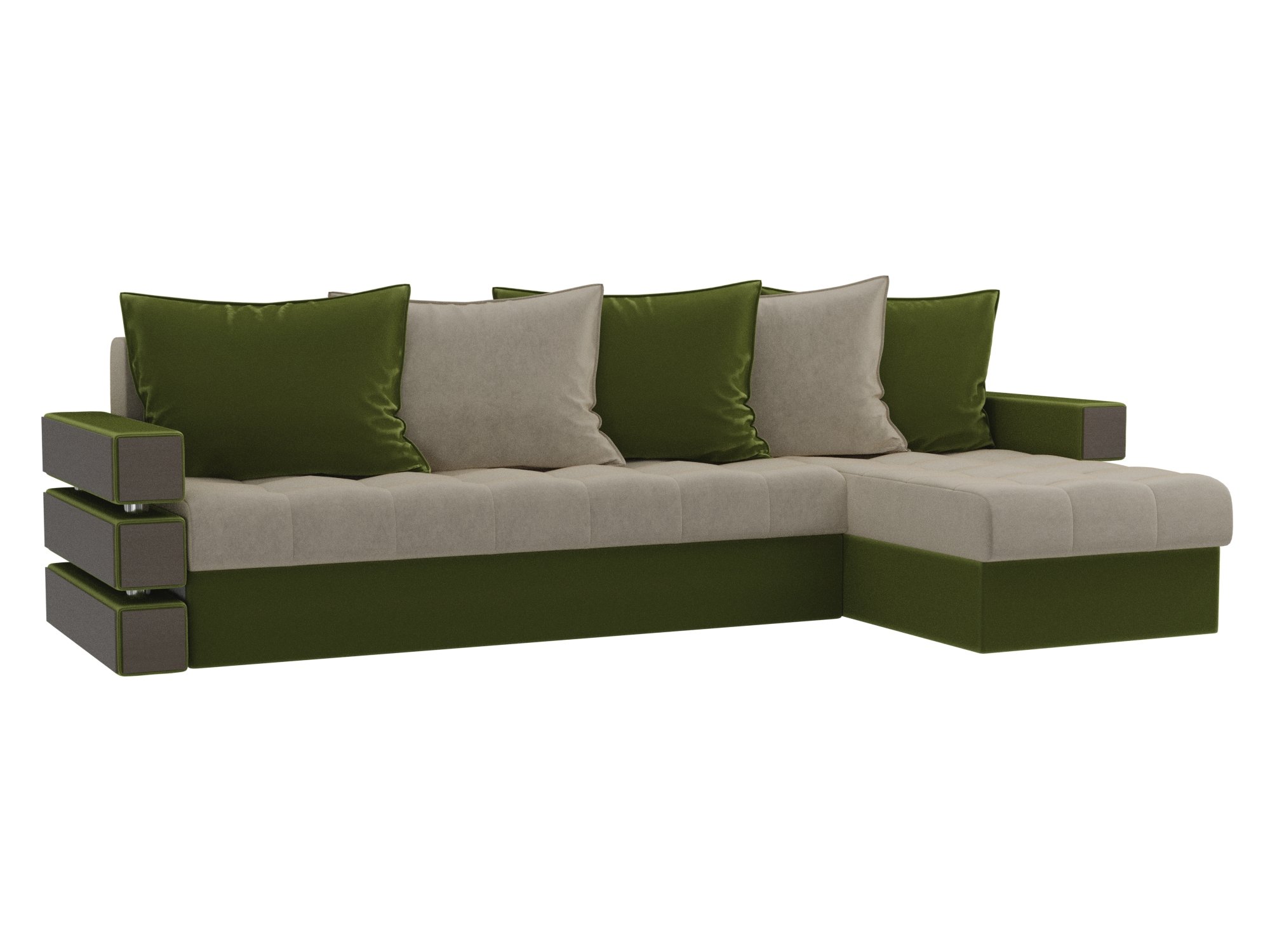 Угловой диван Венеция правый микровельвет бежевый/зеленый